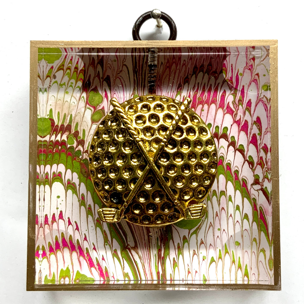 Acrylic Frame with Golf Ball and Clubs on Marbled Paper / Slight Imper ...