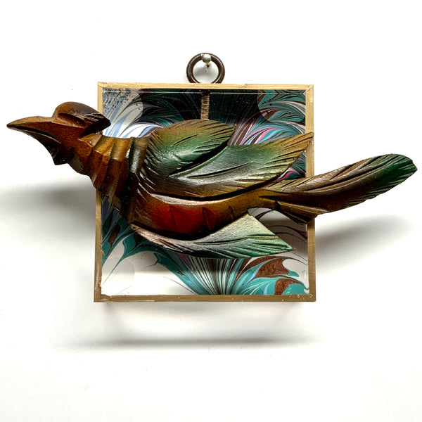 Acrylic Frame with Cuckoo Clock Bird on Marbled Paper / Slight Imperfe ...